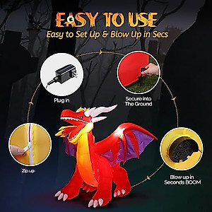 6 FT Halloween Inflatable Fire Dragon, Blow-up Red Dragon with Wings, Holiday Yard Decoration with LED Flash Light,Ground Stakes, for Lawn Yard Garden