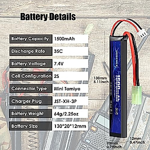 URGENEX Airsoft Battery 7.4V 1500mAh 35C High Discharge Rate Lipo Battery Pack with Mini Tamiya Plug Rechargeable 2S Lipo Battery for Airsoft Model Guns