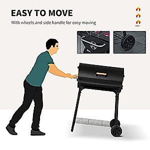 Outsunny 30" Portable Barrel Charcoal BBQ Grill with 4-Position Adjustable Charcoal Rack, Carbon Steel Outdoor Barbecue Smoker with Storage Shelf, Wheel, for Garden Camping Picnic