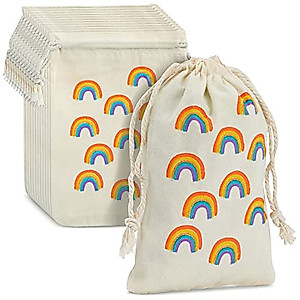 Party Favor Bags - 12-Pack Rainbow Party Favor Bags - Mini Canvas Drawstring Treat Gift Pouches, Rainbow Party Supplies | Kids Birthdays, Unicorn Parties, Rainbows with Gold Glitter, 4 x 6 Inches