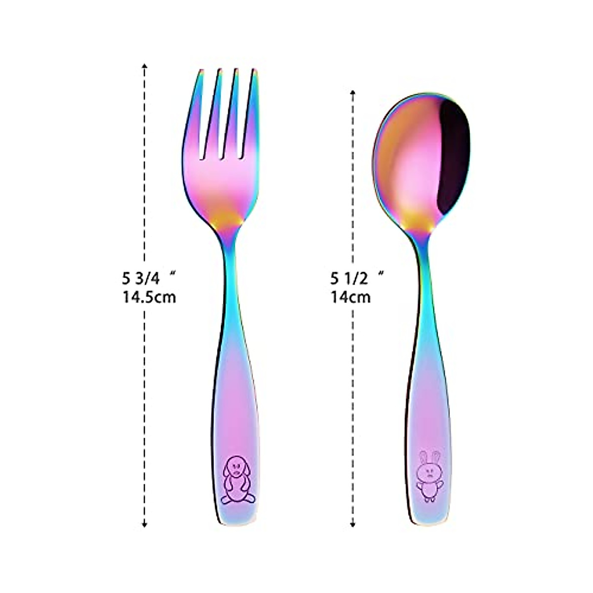 ANNOVA Kids Silverware Children's Safe Flatware Set Stainless Steel - Children Forks, Children Tablespoons, Toddler Utensils, Metal Cutlery Set for LunchBox (Engraved Dog Bunny) (UV Rainbow, 6 Pieces)