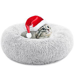 CEVICOLZE Small Cat Bed for Indoor Cats, Self-Warming Donut Kitty Bed for Small Cats Keeping Warm, Washable Pet Bed with Anti Slip Base, Khaki 15.8‘’
