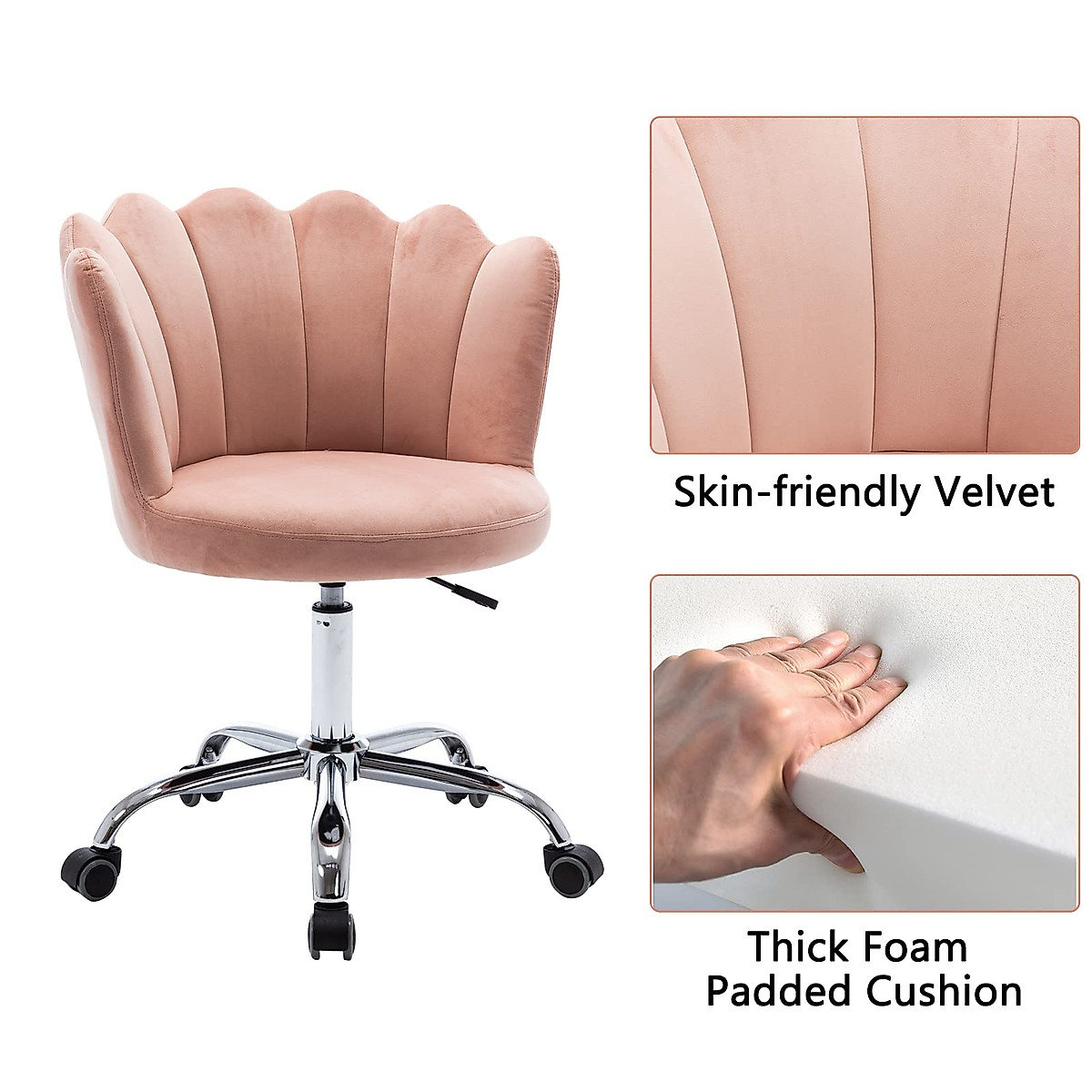 Home Office Desk Chair Cute Velvet Vanity Chair for Makeup Room Swivel Desk Chair with Shell Back Task Chair Girls Makeup Chair with Wheels Swivel Task Chair Rolling Chair for Bedroom Living Room
