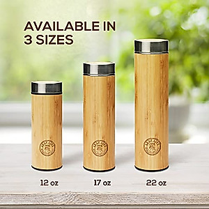 LeafLife Sustainable Bamboo Tumbler with Tea Infuser & Strainer 12oz - Keeps Liquid Hot & Cold for 12 Hrs - Vacuum Insulated Stainless Steel Travel Mug - Infuser Bottle for Loose Leaf Tea & Coffee