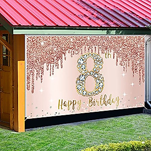 Happy 8th Birthday Banner Backdrop Decorations for Girls, Rose Gold 8 Birthday Party Sign Supplies, Pink Eight Year Old Birthday Poster Background Photo Booth Props Decor