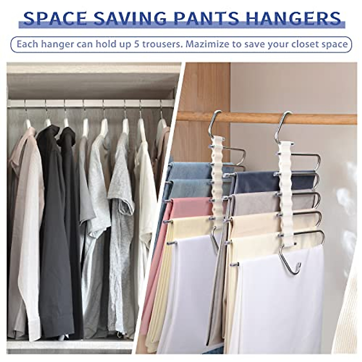 Pants Hangers Space Saving, 2 Pack Non-Slip Pants Rack Hanger Organizer for Closet, Stainless Steel Multiple Layers Multifunctional Pants Organizer for Clothes, Pants, Jeans, Scarf, Trousers