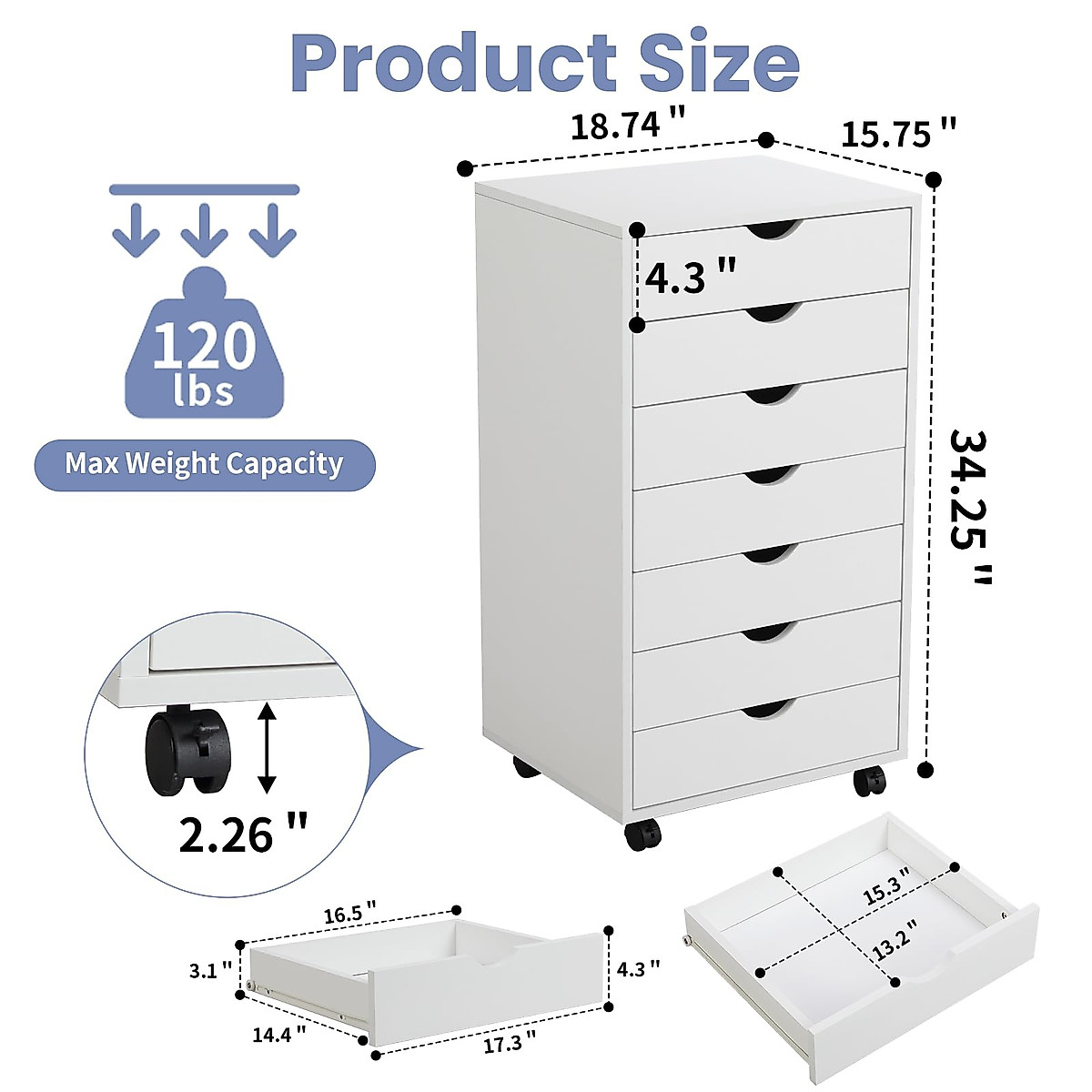 NEWBULIG Drawer Chest Storage Organizer, Mobile File Cabinet Wood Dresser Printer Stand for Home Office Study, 7-Layers, White