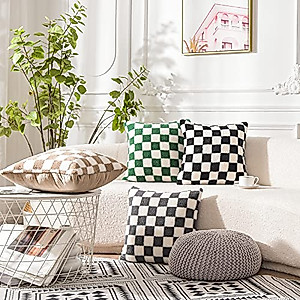WACOMECO Decorative Throw Pillow Covers - Soft Sherpa Checkerboard Cushion Covers Faux Fur Pillow Cases for Sofa Bedroom Livingroom Car, 18 x 18 in, Khaki and Off White