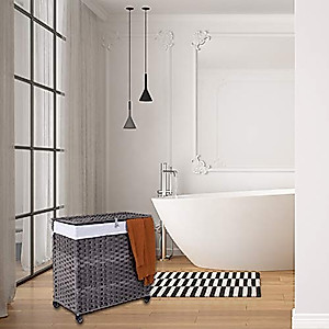 Crehomfy Laundry Hamper with Wheel and Removable Liner Bag, 130L Synthetic Rattan Wicker Handwoven Laundry Basket with Lid and Handle, 3 Section Divided Dirty Clothes Hamper for Laundry Bedroom Gray
