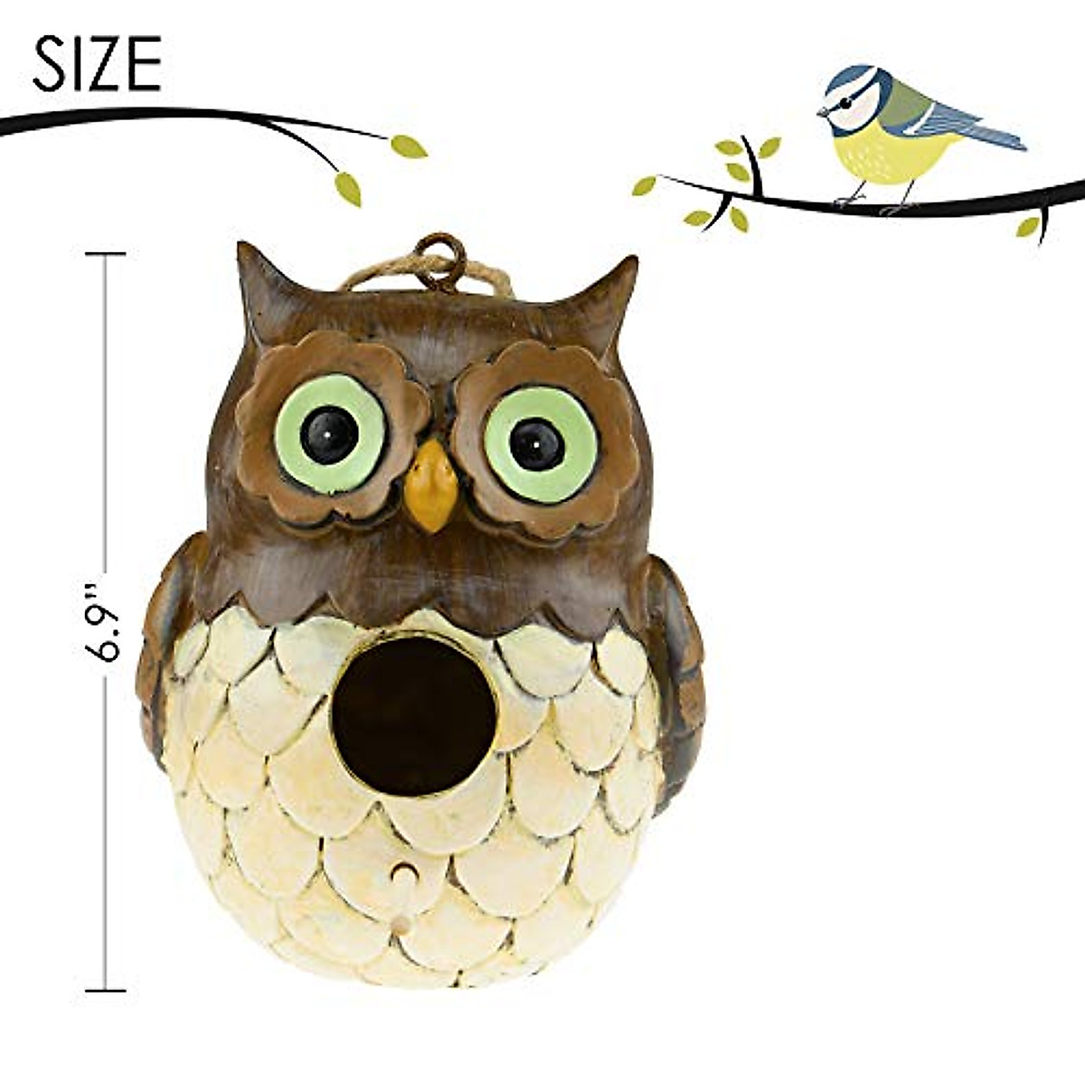 Hanging Decorative Resin Bird House | Hand Crafted Outdoor Home & Garden Décor for Wild Birds, Hummingbird, Cardinal, Finch, Bluebird | Owl