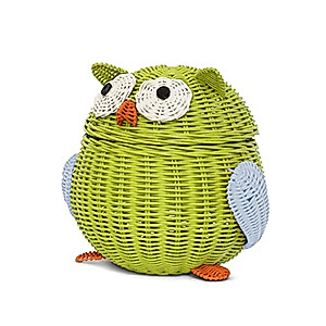 G6 COLLECTION Owl Rattan Storage Basket With Lid Decorative Bin Home Decor Hand Woven Shelf Organizer Cute Handmade Handcrafted Nursery Gift Animal Decoration Artwork Wicker Hoot Owl (Large, Green)