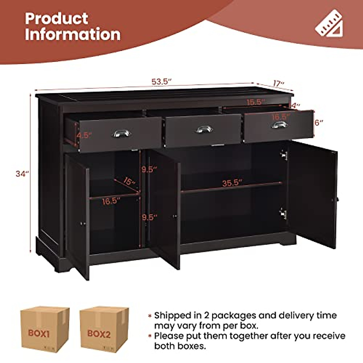 Giantex Sideboard Buffet Server Storage Cabinet Console Table Home Kitchen Dining Room Furniture Entryway Cupboard with 2 Cabinets and 3 Drawers Adjustable Shelves, Brown