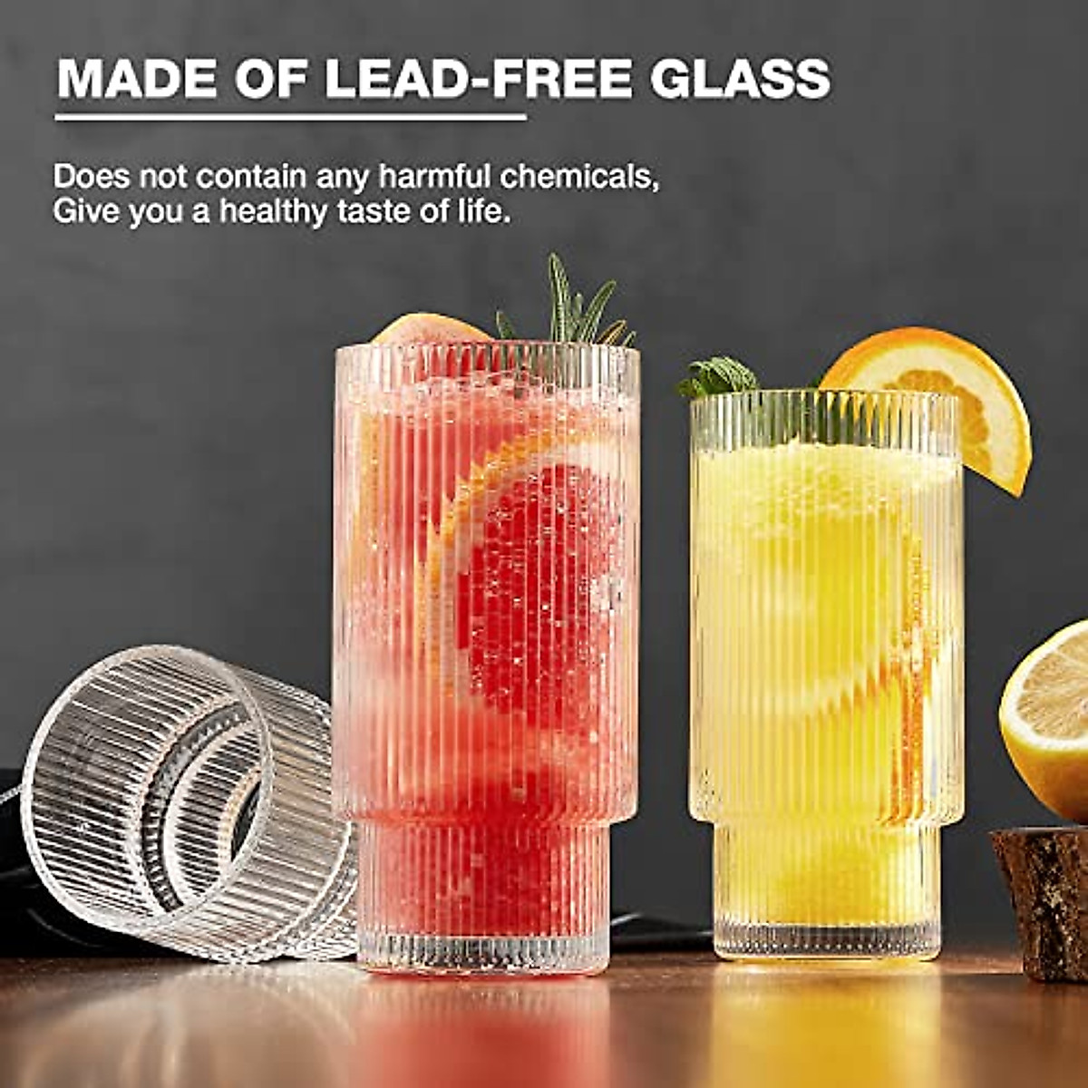 Gencywe 8 Pack Drinking Glasses, 4pcs Highball Glasses (11oz) & 4pcs Rocks Glasses (6oz), Vintage Glass Cups, Elegant Ribbed Glassware, Iced Coffee Glasses, Glass Tumbler for Cocktail, Whiskey, Juice