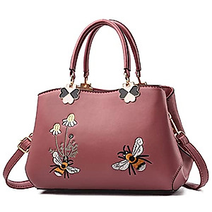 Women's PU Elegant Shoulder Bags Wild Handbags Satchel Embroidery Bee Flower Crossbody Purse (Pink)