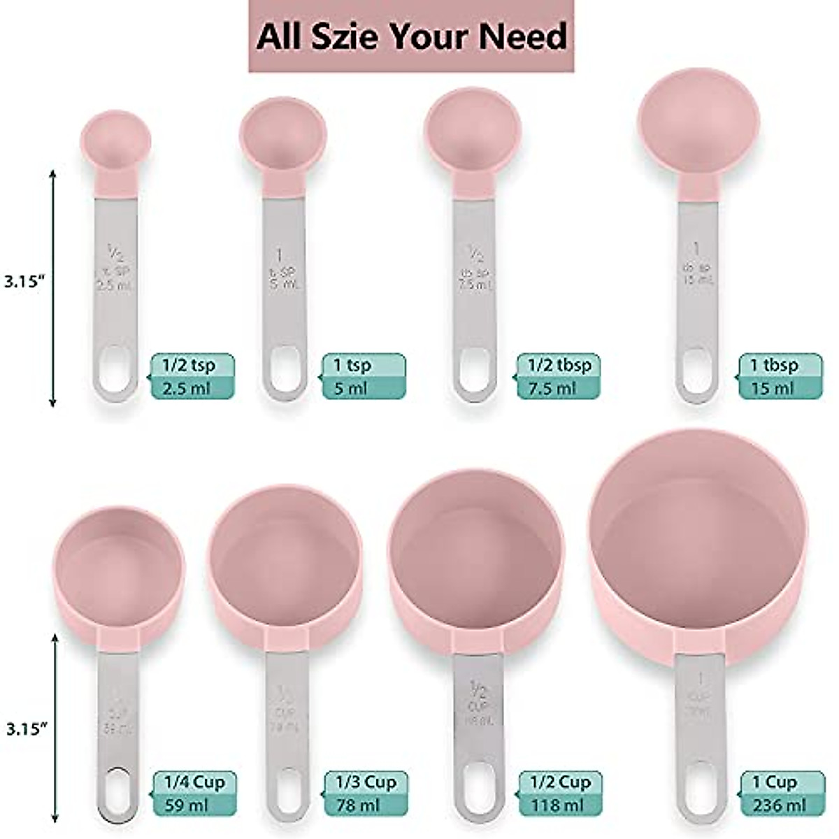 8 Pieces Measuring Cups and Spoons Set / Nesting Measuring Cups with Stainless Steel Handle / for Dry and Liquid Ingredient (Light pink)