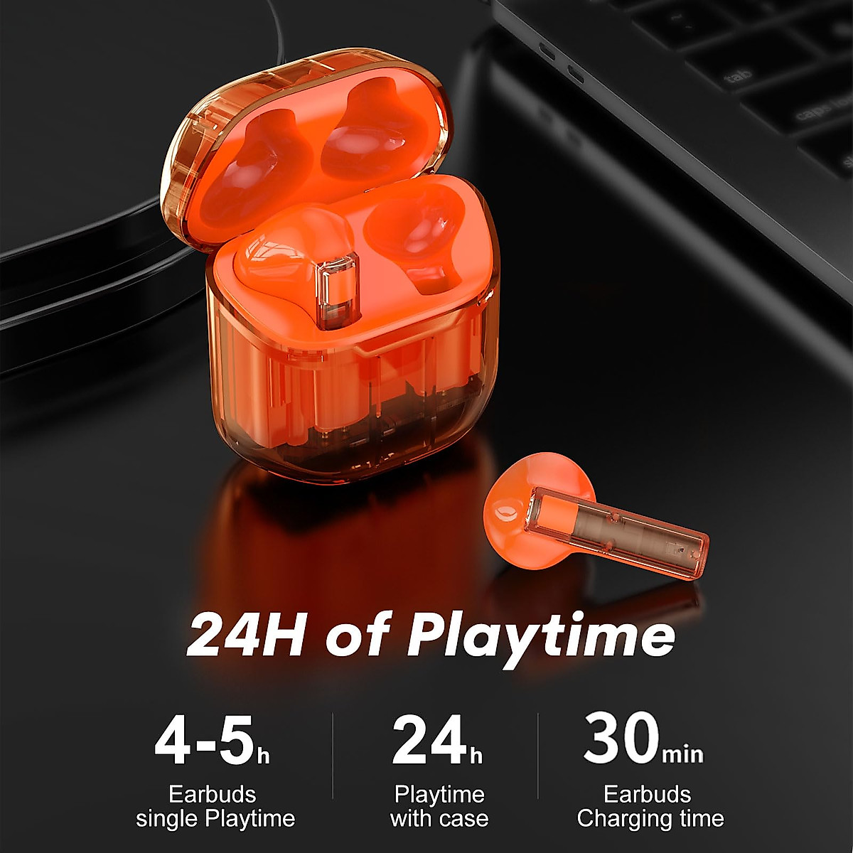 True Wireless Earbuds Bluetooth in Ear Headphones for iPhone Android Transparent Blue Tooth 5.3 Ear Buds Deep Bass TWS Wireless Earphones with Microphone Cordless Earbud with Charging Case Orange