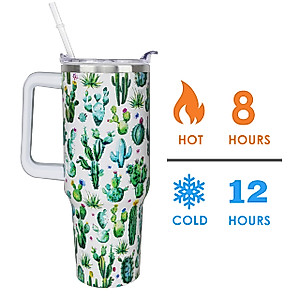 sgqjdpmc 40 oz Cactus Tumbler with Handle and Straw Lid 40oz Cactus Lover Gift Double Stainless Steel Insulated Cup Cactus Travel Coffee Mug, 40 Ounce6