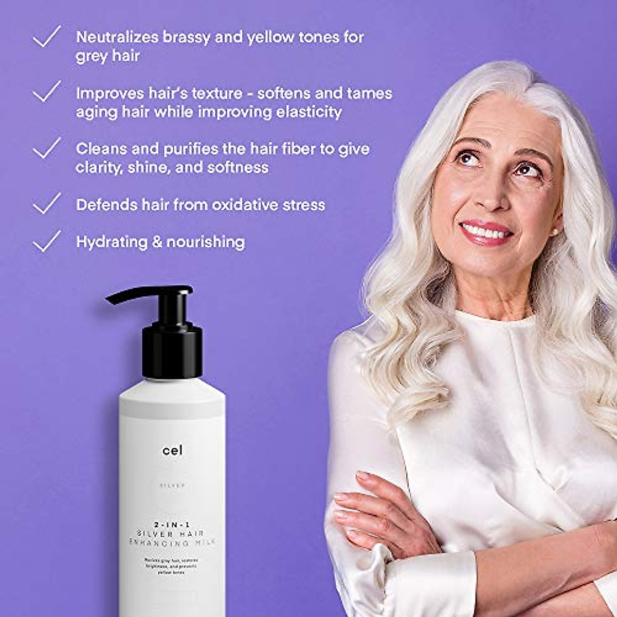 Cel Enhanced Silver Milk Purple Shampoo & Conditioner 2-in-1 For Blonde Bleached Grey & Color Treated Hair – Neutralizes Brassy Tones – Moisturizes & Improves Hair Condition (2-month supply)