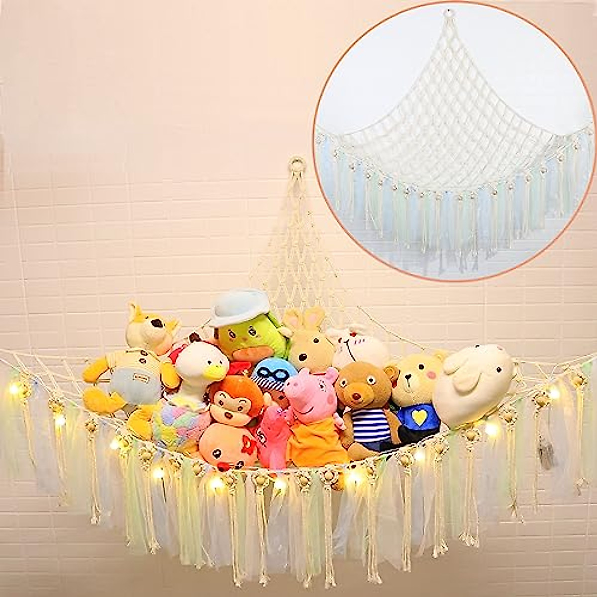 GSZTTKX Stuffed Animal Hammock,Macrame Large Toy Net Hanging for Stuffed Animals Storage Organizer Wall Corner,Boho Plush Stuffed Animal Holder Children Room Nursery Decor (with Light,Beads,White)