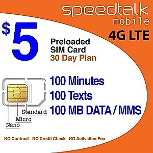 SpeedTalk Mobile $5 Prepaid Wireless Pay Go Plan for Smartphones & Cellphones | 5G 4G LTE | 100 Talk, 100 Text, 100 MB Data |Triple Cut (Mini,Micro,Nano) Sim Card | No Contract | 30 Day Service