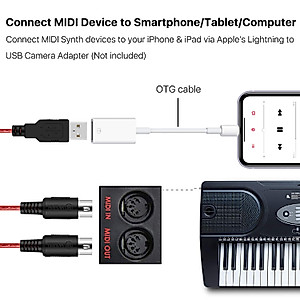 TNP Midi to USB Cable Interface Converter - IN OUT Midi Cable Host Adapter Plug Controller Wire Cord For Keyboard Synthesizer Device to Mac Pc Computer Laptop iPad iPhone Music Studio (Red 6 FT)