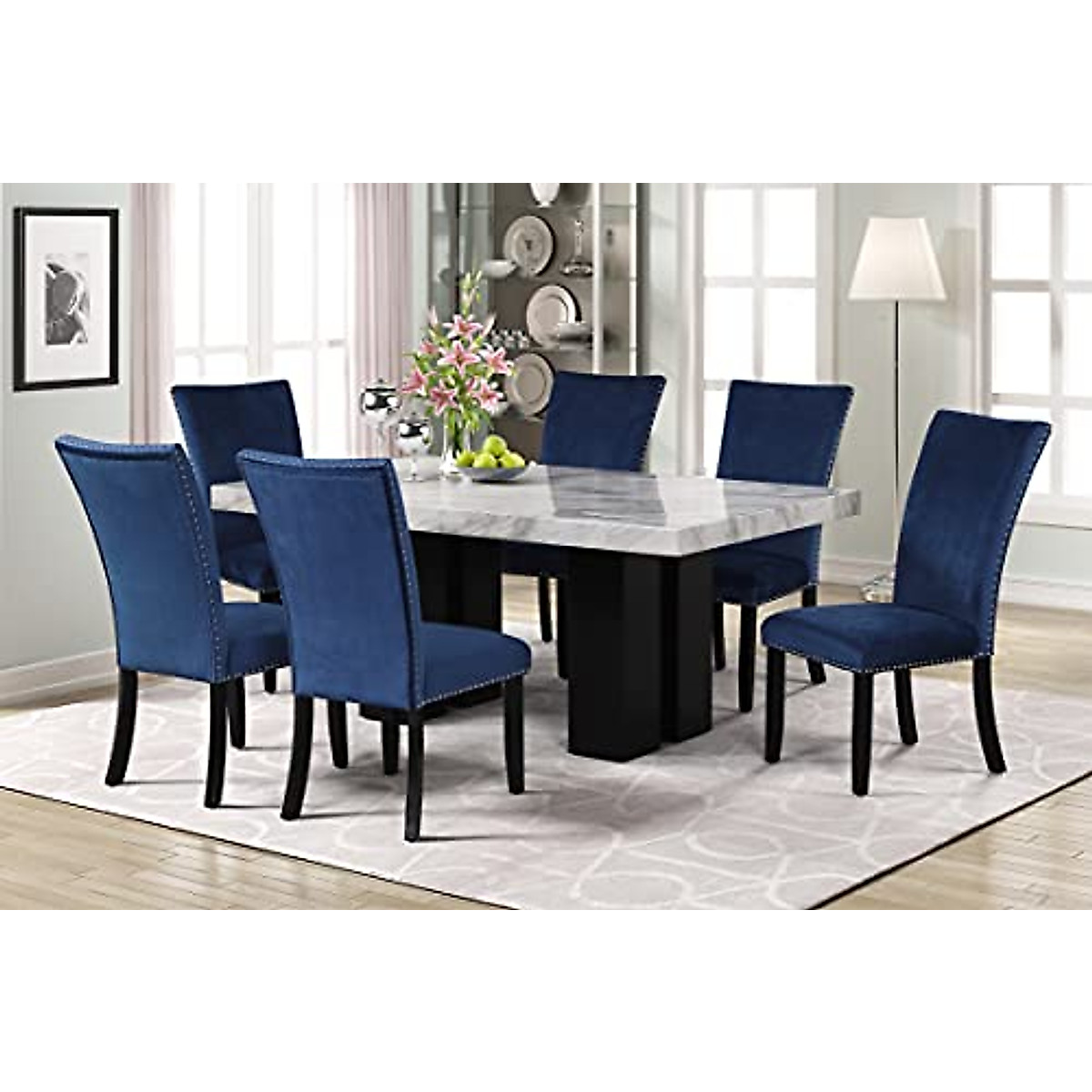 DEINPPA 7 Piece Kitchen Table Set with 1 Faux Marble Rectangular Table and Dining Chairs Set of 6 for Dining Room and Living Room (Blue)