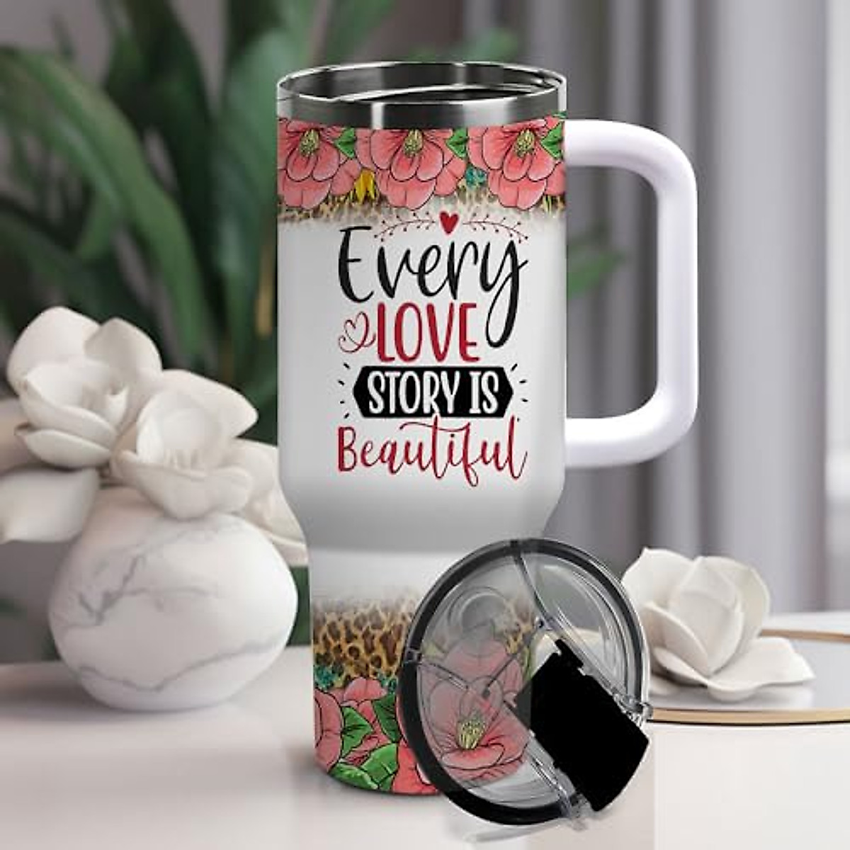 Personalized 40oz Tumbler with Handle – wedding kiss-Custom Couple Gift for Anniversary Wedding Gift, Birthday, Mother's Day, Valentine’s Day P64ppi