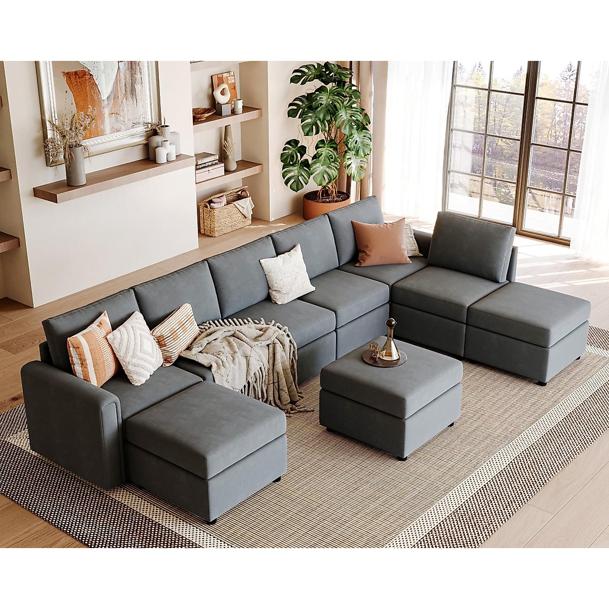 LINSY HOME Modular Sectional Sofa, Oversized Sectional Couch with Storage, Ottomans, Modular Sectional Sleeper Sofa with Memory Foam, 9 Seat U Shape Sofa Set for Living Room, Dark Grey