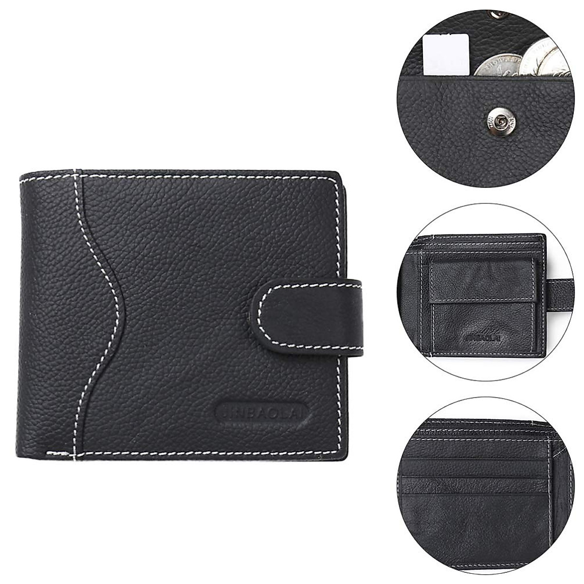 Amosfun Button Wallets for Men snap Wallet with Zipper Coin Pocket Mens Leather- Mens Wallet Buckle Stitching Wallet Coin- Purse Storage Bag (Black)