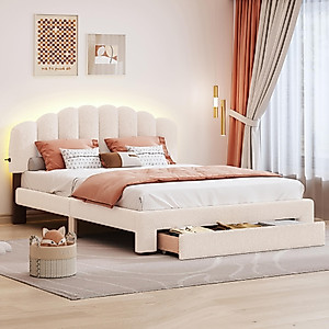 DNYN Upholstered Queen Size Platform Bed with Storage Drawer & USB Port & Led Lights for Kids/Adults,Wooden Bedframe w/Teddy Fleece Fabric,No Box Spring Needed,Perfect for Bedroom,Guest Room, Beige