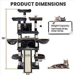 SHA CERLIN 68 Inches Multi-Level Large Cat Tree for Large Cats/Big Cat Tower with Cat Condo/Cozy Plush Cat Perches/Sisal Scratching Posts and Hammocks/Cat Activity Center, Dark Grey