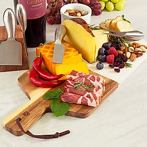 Zelancio Marble and Acacia Wooden Serving Cheese Board, 6 Piece Set Includes Stainless Steel Cheese Tools, Serving Paddle, Wood Cheese Knife Holder with Integrated Magnets