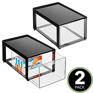 mDesign Plastic Stackable Office Storage Organizer Bin with Pull Out Drawer for Cabinet, Desk, Shelf, Cupboard, Cabinet, or Closet Organization - Lumiere Collection - 2 Pack - Black/Clear