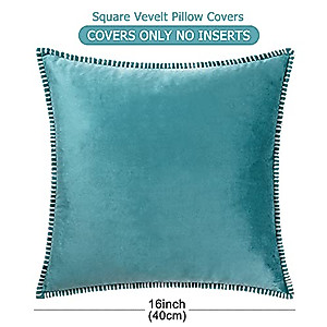 GAWAMAY Gray Throw Pillow Covers 16x16 Inch Soft Teal Velvet Pillow Cover with Modern Chenille Edge, Winter Farmhouse Decorative Pillow Caces for Holiday Living Room Sofa Couch Beding (40x40cm)