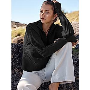 ANRABESS Sweater for Women Oversized Quarter Zip Long Sleeve V Neck Collared Casual Curved Hem Slouchy Ribbed Knit Thumb Hole Pullover Shirt 2023 Fall Winter Trendy Clothes Tops 624heise-M Black