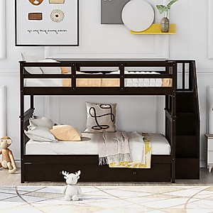 Bellemave Full Over Bunk Beds with Stairs and Trundle Wood Bed Frame Staircase Storage Shelves for Kids Teens Adult, Detachable Stairway Bunkbed Boys Girls, Espresso