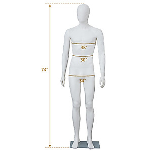 6Ft Male Mannequin Dress Form Display - Manikin Torso Stand Realistic Full Body Mannequin for Retail Clothing Shops, Halloween Christmas Cosplay, White
