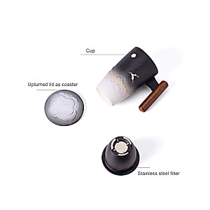 TANG PIN Moonlight Deer Ceramic Tea Cup with Infuser and Wooden Handle Steeping Mug 13.5 OZ (Black&White)