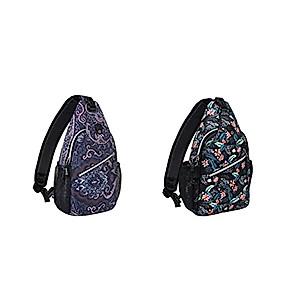 MOSISO Sling Backpack,Travel Hiking Daypack Pattern Rope Crossbody Shoulder Bag, Navy Blue Base Totem Texture&Lychnis