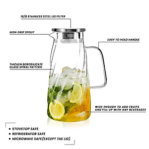 Glass Pitcher with Lid for Fridge Iced Tea Pitcher 57 OZ 1.7L Sun Tea Pitcher Gallon Pitcher Water Beverage Pitcher Carafe Juice Jug Hot/Cold Drink, Milk