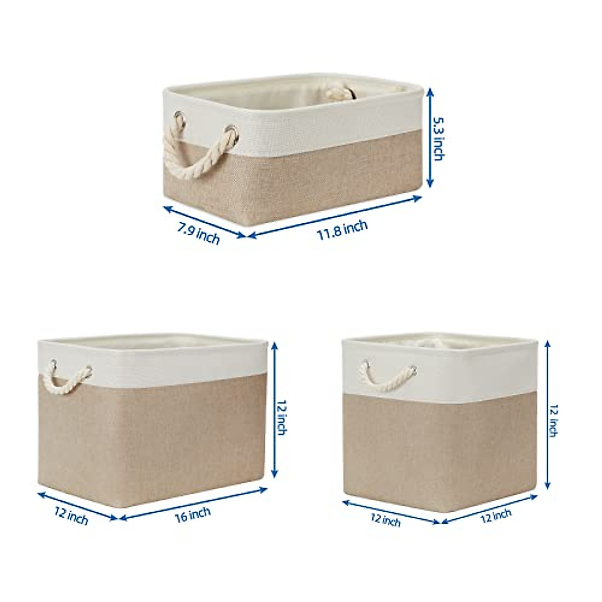 Temary Fabric Storage Baskets Small Storage Bins Decorative Baskets for Storage (White&Khaki, 6Pack-11.8Lx7.9Wx5.3H, 2Pack-16Lx12Wx12H, 4Pack-12Lx12Wx12H)
