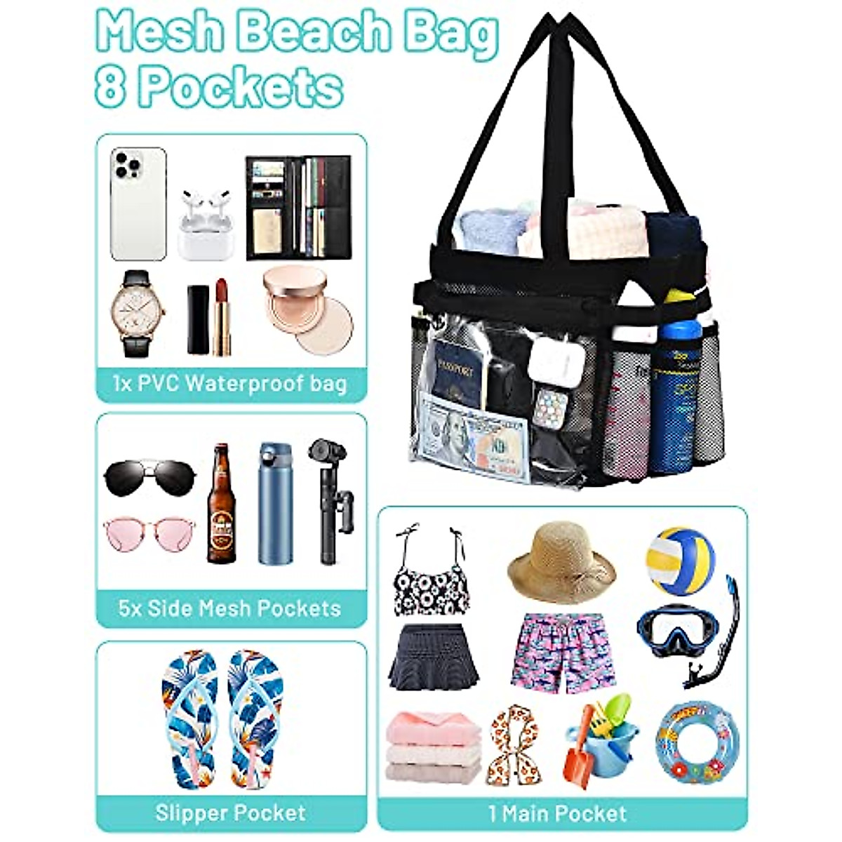 ULG Shower Bag, Mesh Shower Caddy with Waterproof Bag and Slippers Pocket, Large Hanging Portable Shower Tote Beach Bag with S Hook for College, Dorm, Gym, Camp, Beach, Pool