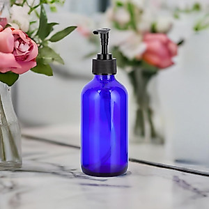 8 oz Cobalt Blue Boston Round Glass Bottles (2 Pack) with Two Closures: Black Lotion Pump and Phenolic Caps