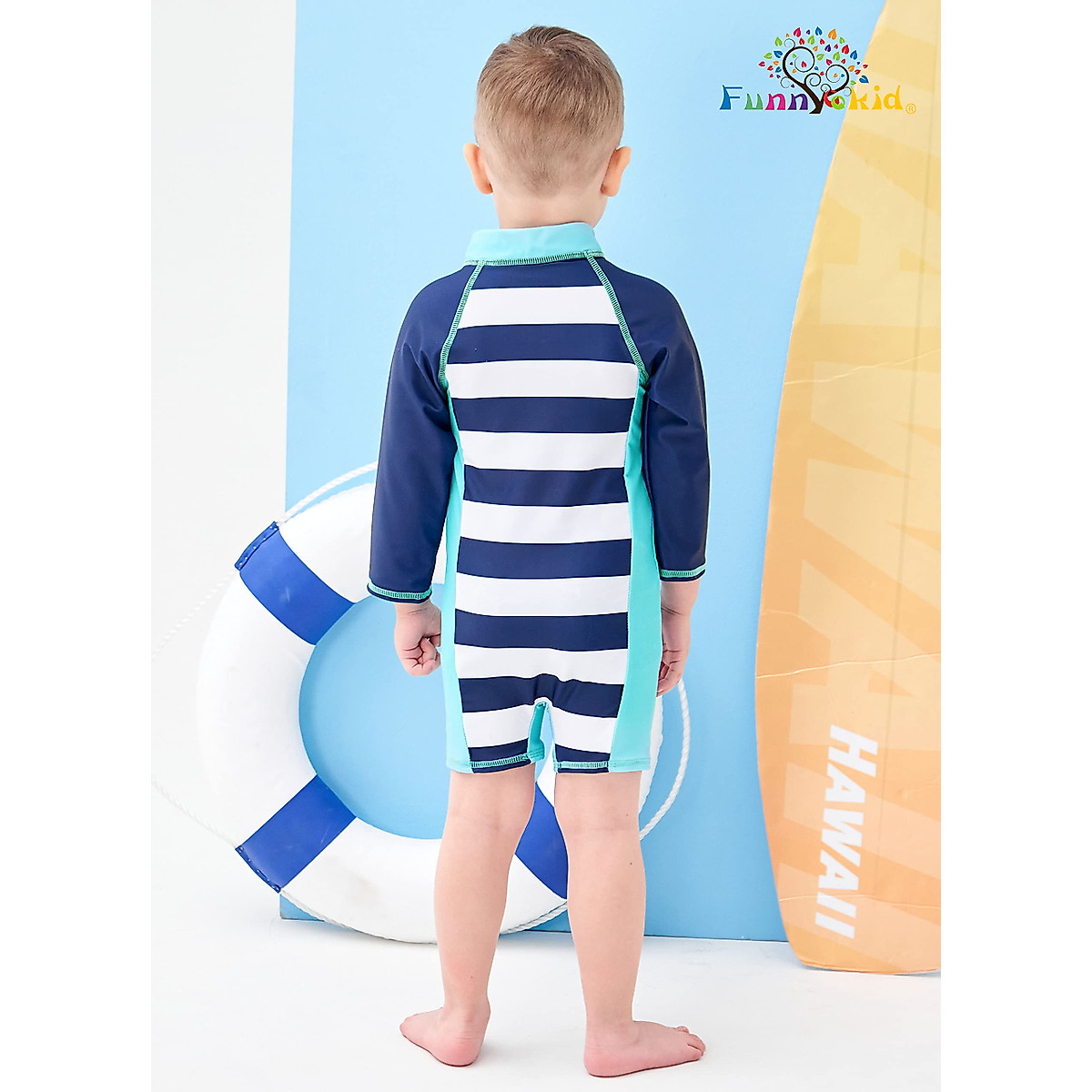 Funnycokid Baby Boys Swimsuit 12-18 Months Toddler Rash Guard One Piece UPF 50+ Swimwear Green Striped Long Sleeve Swim Shirt