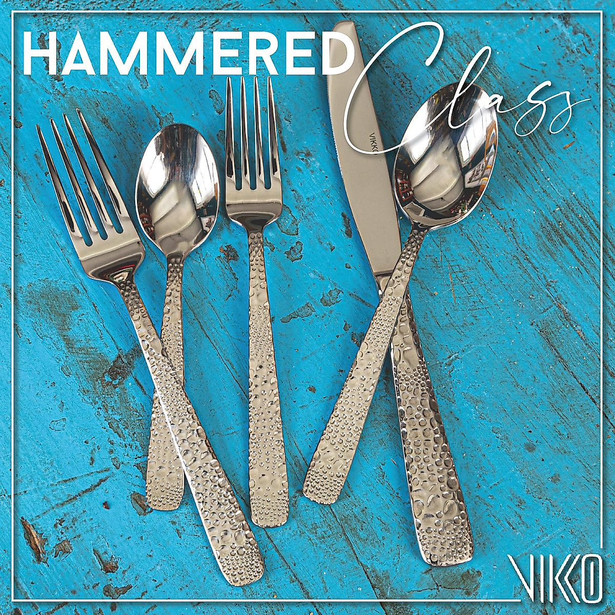 Vikko Silverware Set, Hammered Metal Set of Flatware, Service for 4 Strong and Durable 18/10 Stainless Steel Flatware Set, 20 Piece Set, Dishwasher Safe