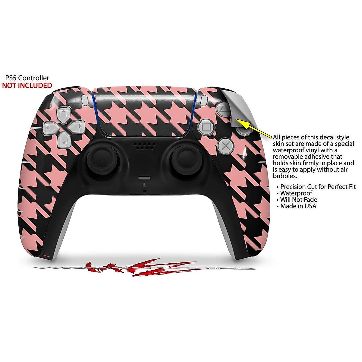 WraptorSkinz Skin Wrap compatible with Sony PS5 DualSense Controller Houndstooth Pink on Black (CONTROLLER NOT INCLUDED)