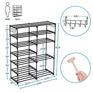 Tribesigns Shoe Shelf Shoe Storage Organizer with Side Hooks For Entryway, 24-30 Pairs Metal Shoe Rack Taller Shoes Boots Organizer