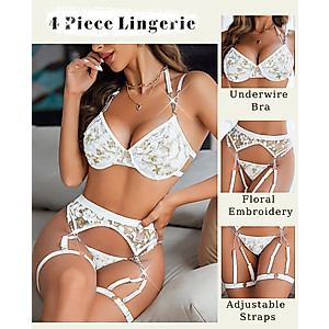 Avidlove Women's Exotic Lingerie Sets Sexy Bra and Panty Sets Plus Size Lingerie Floral (White, XXL)