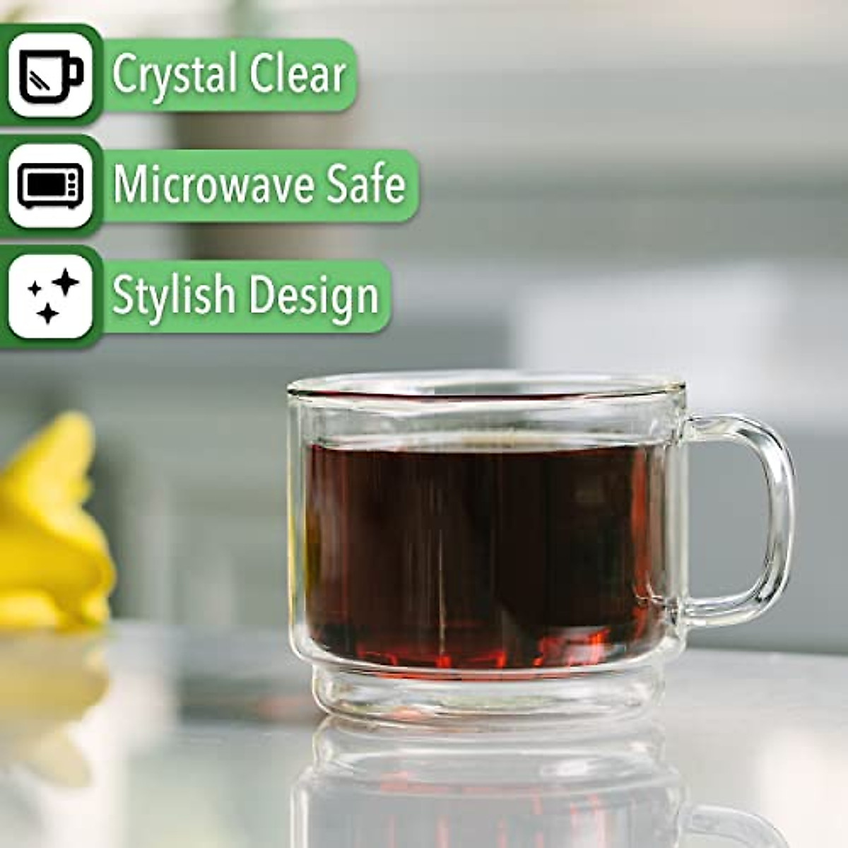 BTaT- Stackable Insulated Coffee Mug, Coffee Glass, Large, Set of 4 (16oz, 500ml), Double Wall Glass Coffee Cups, Tea Cups, Latte Cups, Glass Coffee Mug, Latte Mug, Clear Mugs, Mother's Day Gift