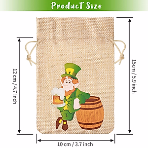 24 Pieces St. Patricks Linen Burlap Bag, St. Patricks Gnomes Burlap Gift Bags for Kids Party Supply, Irish Green Jute Drawstrings Candy Pouch, Lucky Shamrock Clovers Treat Bags with Different Designs